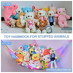 Basumee Stuffed Animals Net or Hammock with LED Light Hanging Toy Net Hammock for Stuffed Animals Storage Stuff Animals Hammocks for Nursery Kids Room with Remote Control, 8 Kinds of Lights, Rainbow