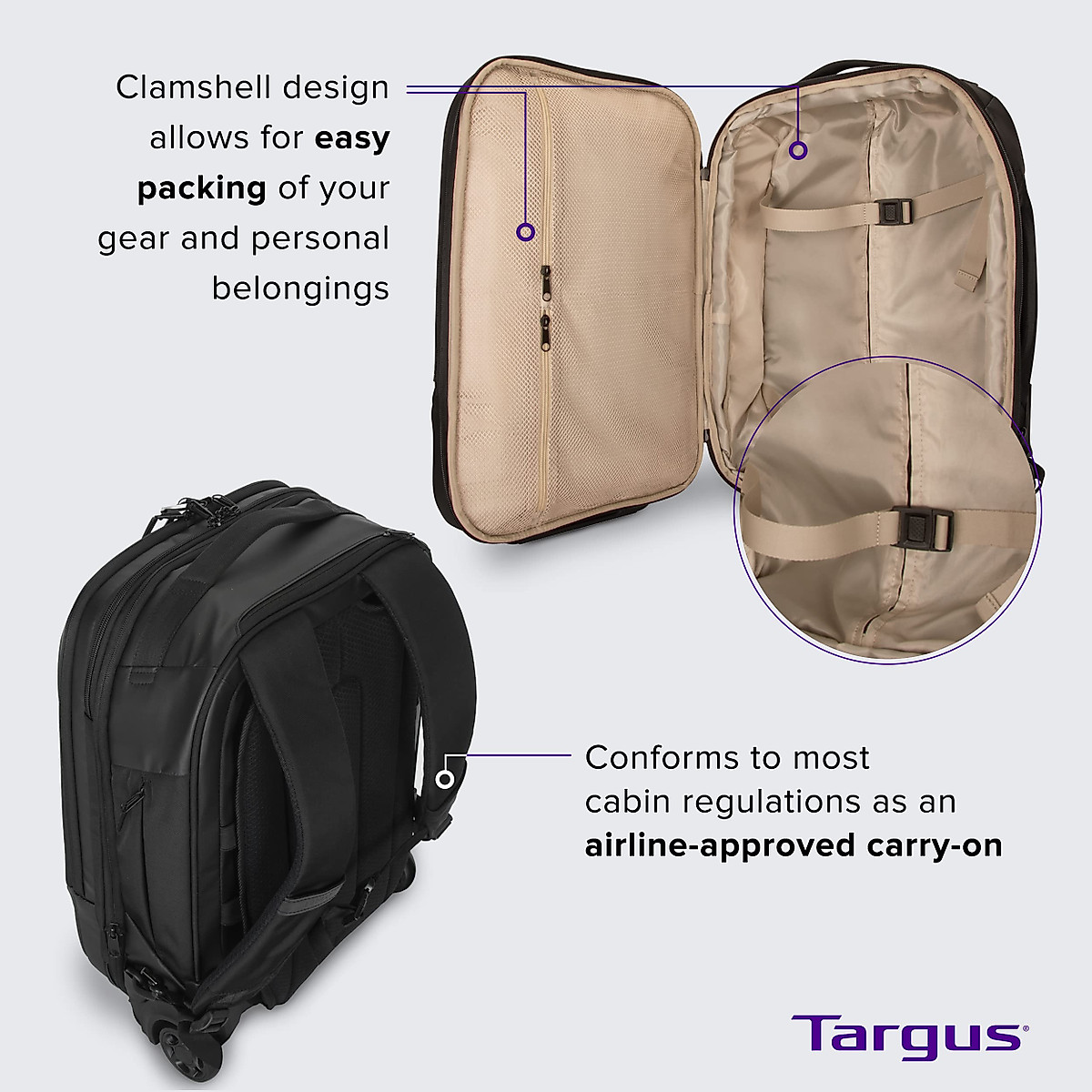 Targus 15.6" Mobile Tech Traveler EcoSmart Rolling Backpack, Made from Recycled Bottles, TSA Friendly, 35-40L Cap (TBR040GL)