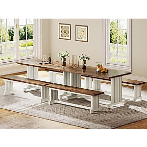 Tribesigns 47" Dining Table Set for 4-6, 3-Piece Kitchen Room Table with 2 Benches, Farmhouse Wood Dinner Table for Small Space, Home Kitchen, White & Rustic Brown