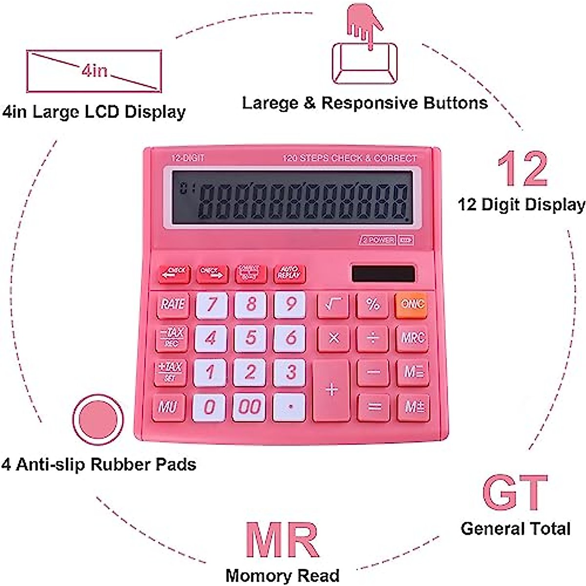 Office Desk Calculator 12 Digits with Solar Power and Easy to Read HD LCD Display, Big Buttons, for Financial Affairs,Home, Office, School, Class and Business,with Battery，Pink