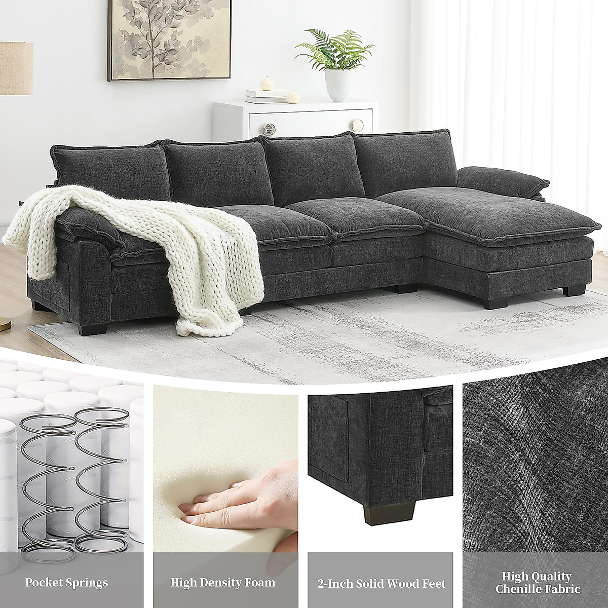 Favfurish 118" Modern L-Shaped Chenille Cloud Sofa with Chaise,5 Upholstered Couch W/Double Seat Cushions,Indoor Funiture Sleeper for Living Room Apartment Lounge,Grey