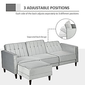 HOMCOM Upholstered L-Shaped Sofa Bed, Reversible Sectional Recliner Sofa Set, Velvet-Feel Sleeper Futon with Footstool, Grey