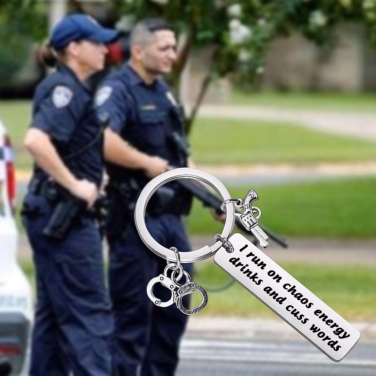 HOLLP Correctional Officer Gift Funny Curse Keychain I Run On Chaos Energy Drinks And Cuss Words Keychain Corrections Gift for Police Officer (Keychain)