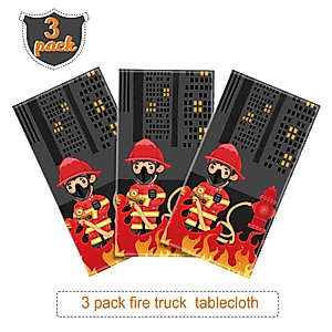 3 Pack Plastic Fire Truck Tablecloths Firefighter Party Tablecloth Fireman Happy Birthday Table Cover Fire Truck Birthday Party Supplies for Firefighting Theme Party School Activity, 54 x 108 Inch