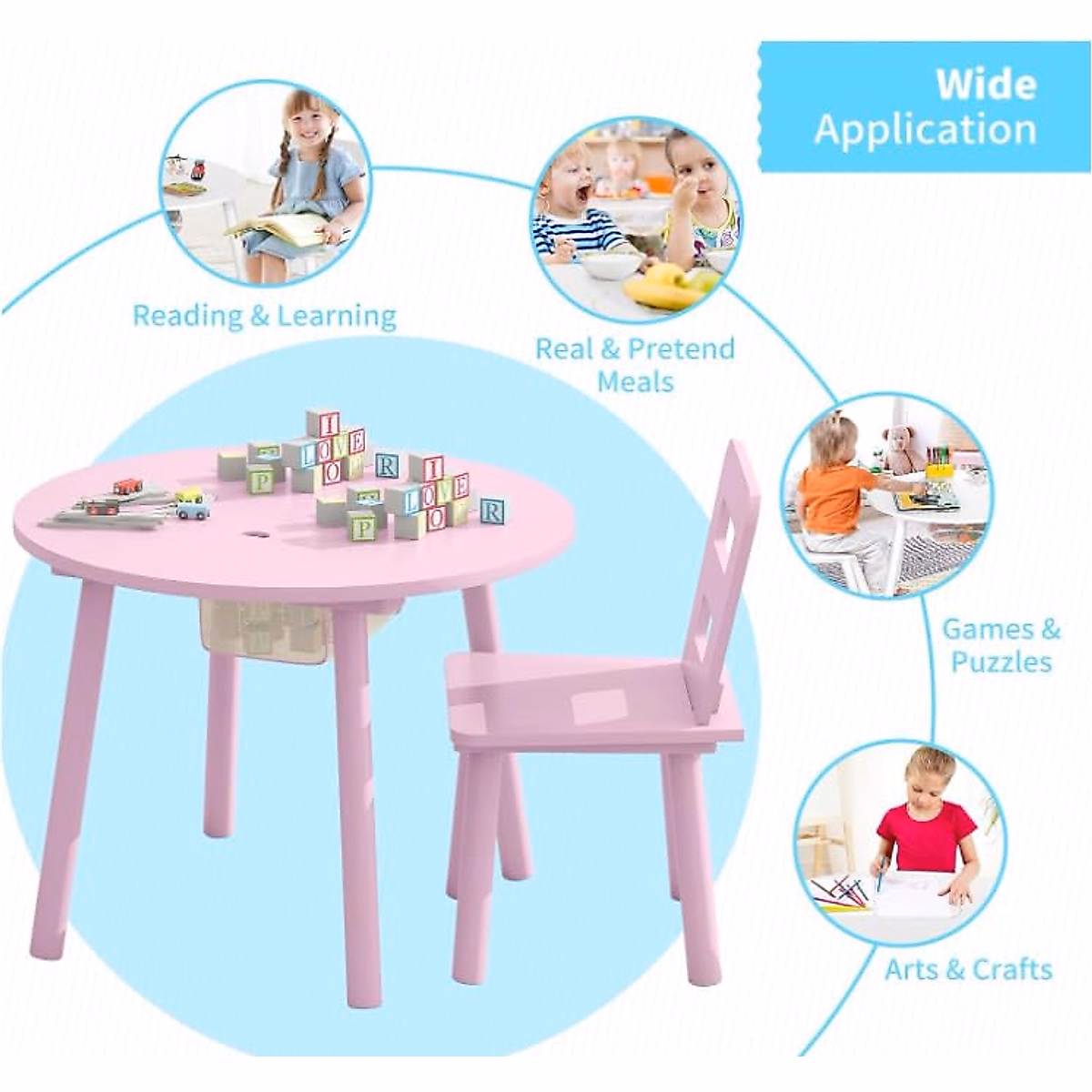 cuoote Kids Table and Chair Set, Wood Kids Table and 2 Chair Set, Round Toddler Table with Center mesh Storage, for Boys and Girls (Pale Pink)