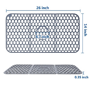 HUMUMU Sink Protectors for Kitchen Sink 26" x 14", Grey Non-Slip Sink Mats for Bottom of Kitchen Sink，Collapsible-Cuttable Silicone Sink Mat for Farmhouse Stainless Steel Porcelain Sink（Center Drain）