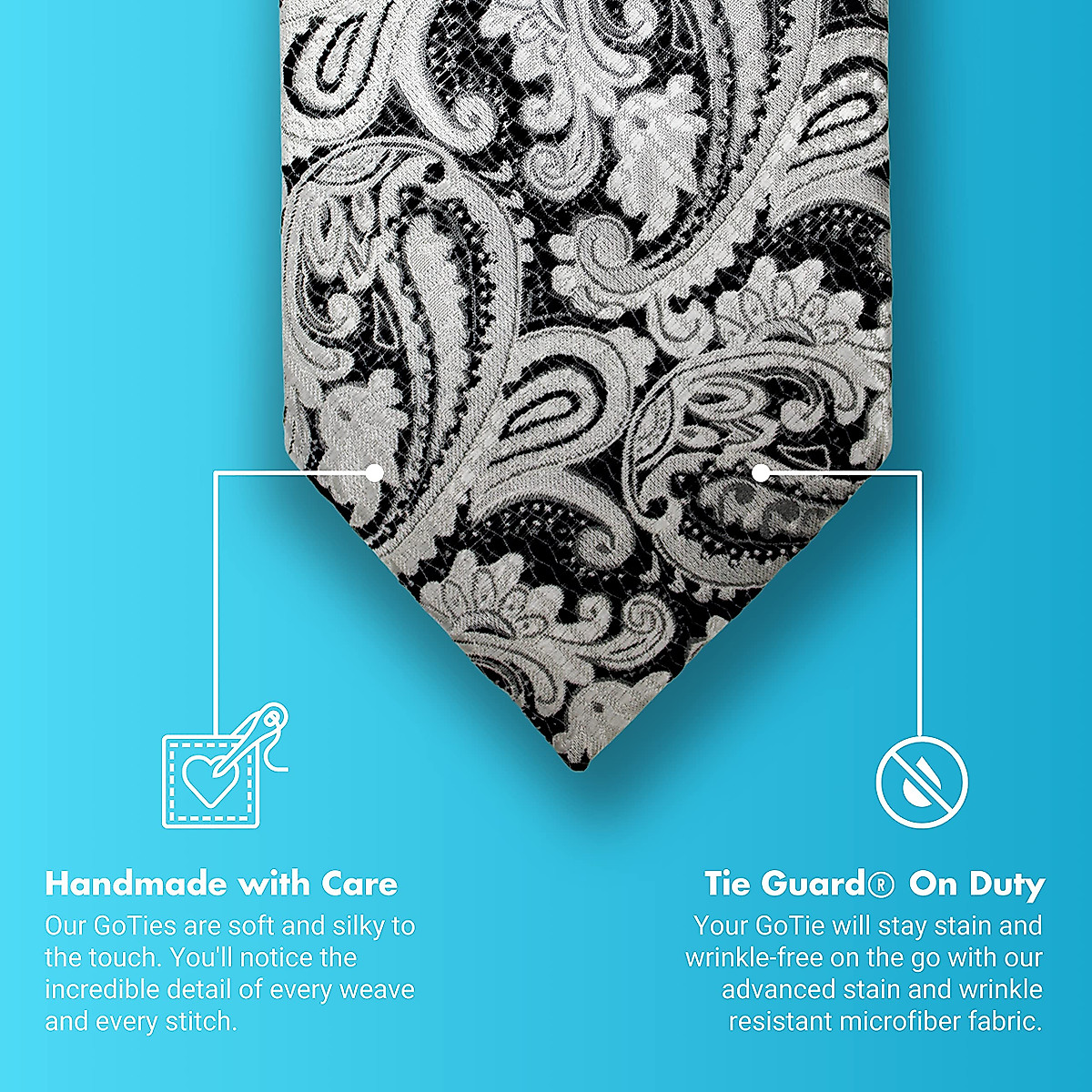 GoTie Paisley Neckties For Men - Ready to Wear - Pretied Adjustable Neckties - Silver Paisley Tie