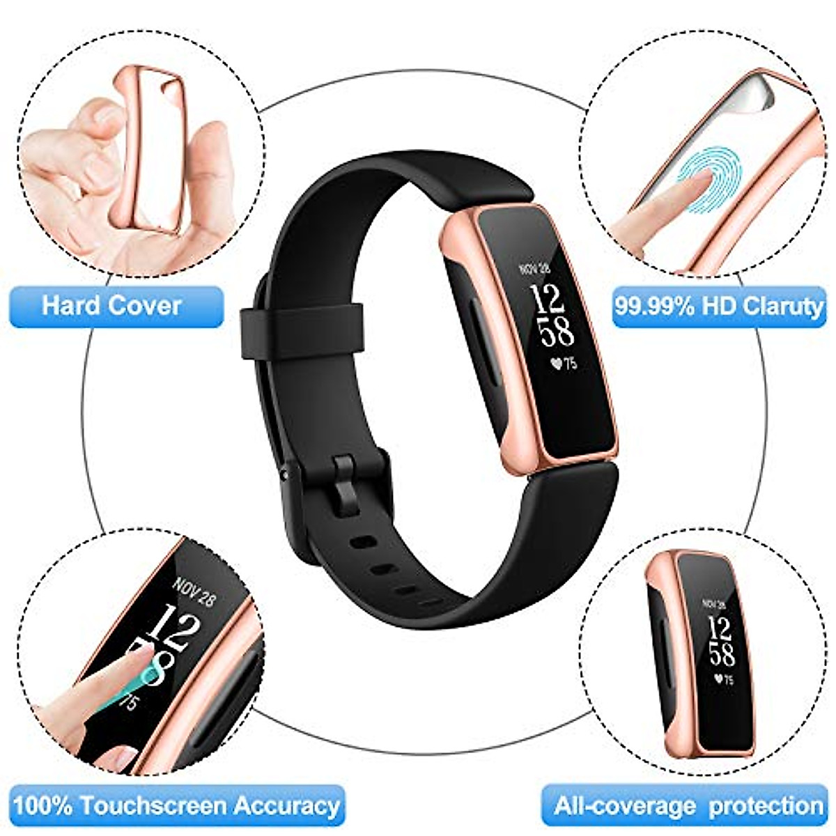 NANW 3-Pack Screen Protector Compatible with Fitbit Inspire 2 (Not for Inspire/Inspire HR), All-Around Protective PC Case Plated Anti-Scratch Cover Rugged Bumper Shell for Inspire 2 Smartwatch