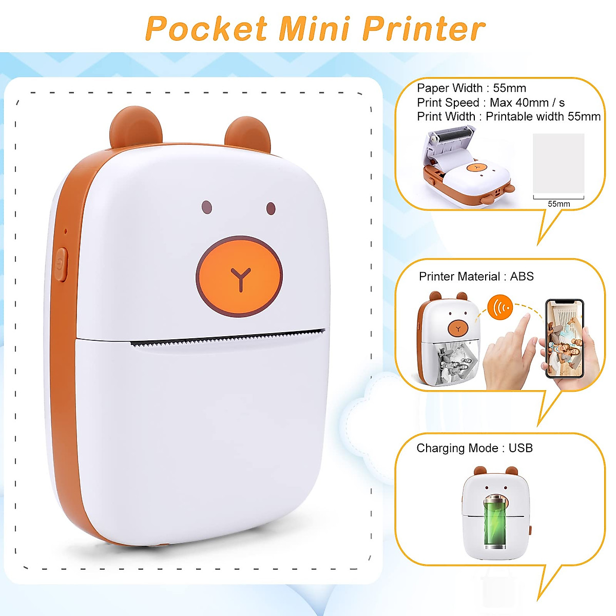 Vickes Mini Printer for iPhone and Android, Wireless Mini Photo Printer Label Printer, Portable Bluetooth Mini Thermal Printer for Printing Label, Journal, Study Note, Compatible with iOS & Android