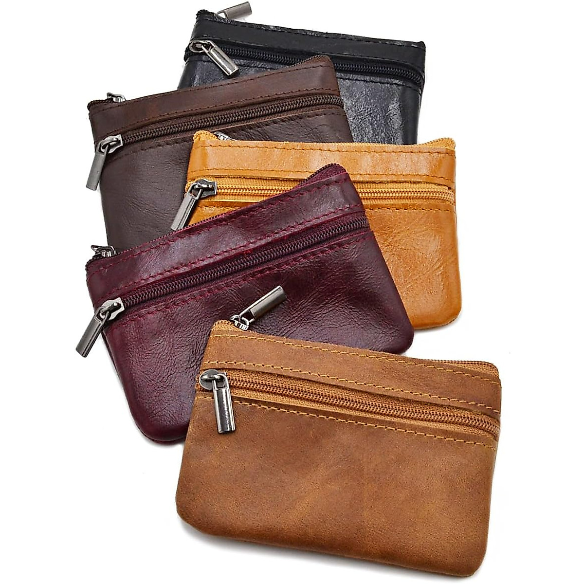 Women Genuine Leather Coin Pouch Zip Mini Purse Wallet Key Chain Double Zipper