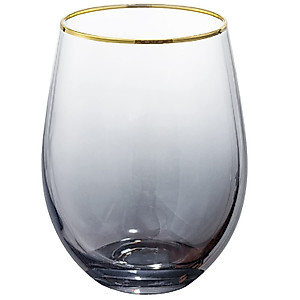 MyGift Gunmetal Gray Stemless Wine Glasses with Brass Tone Rim, Set of 4 - Modern Smokey Design Drinking Glasses for Red and White Wine - Holds 18 oz