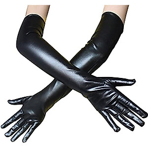 Achsoo Women's Faux Leather Sexy Long Gloves Sexy Wet Look Latex Elbow Length Long Gloves (Black(Patent Leather))