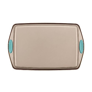 Rachael Ray Cucina Bakeware Set Includes Nonstick Bread Baking Cookie Sheet and Cake Pans, 5 Piece, Latte Brown with Agave Blue Grips