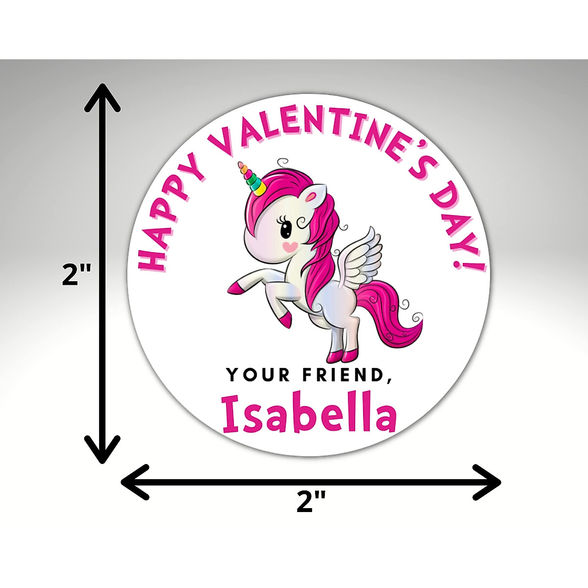 Personalized Unicorn Valentine's Day Stickers for Kids 20-Count, 2 inch, Custom Classroom Valentines Favor for Girls, Happy Valentine's Day Labels