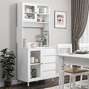 FACBOTALL 71'' Tall Kitchen Pantry Storage Cabinet with Large Countertop, Kitchen Buffet Hutch Cabinet with 2 Adjustable Shelves & Tempered Glass Doors, 4 Handless Drawers for Home, White