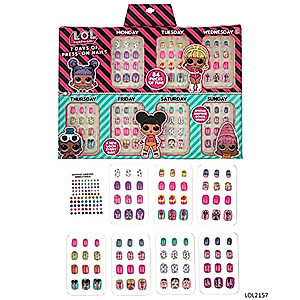 L.O.L. Surprise! 7 Day Assorted Colors Press On Nails Set, Nail Accessories for Kids and Teens