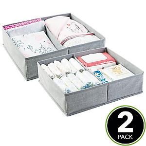 mDesign Soft Fabric Dresser Drawer and Closet Storage Organizer Bin for Child/Kids Room, Nursery, Playroom - Divided 2 Section Tray - Textured Print, 2 Pack - Gray