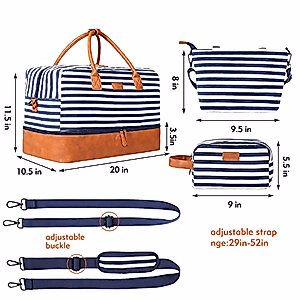 Oflamn Weekender Overnight Bag for Women with Shoe Compartment, Travel Duffle Bag Set with Hand Tote Bag & Toiletry Bag (Blue Stripes)