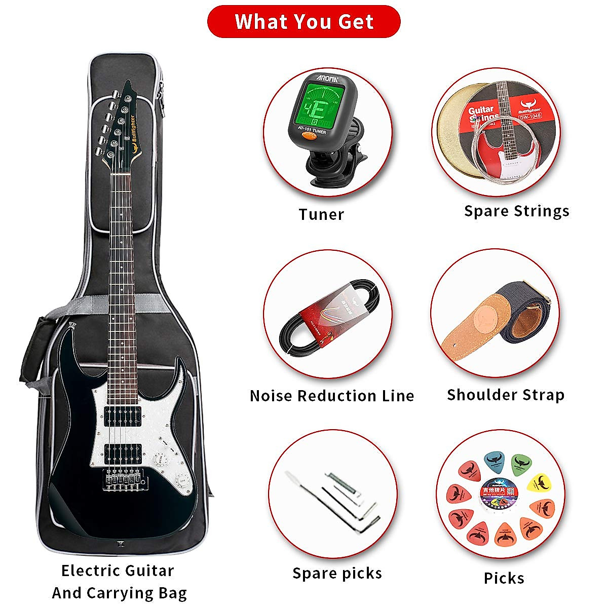 Kids Electric Guitar 34 Inch Beginner Professional Grade Starter Kit Student Single Roll System Electric Guitar with Carring Bag Spare String Cable Picks Tunner and Shoulderstrap,Black