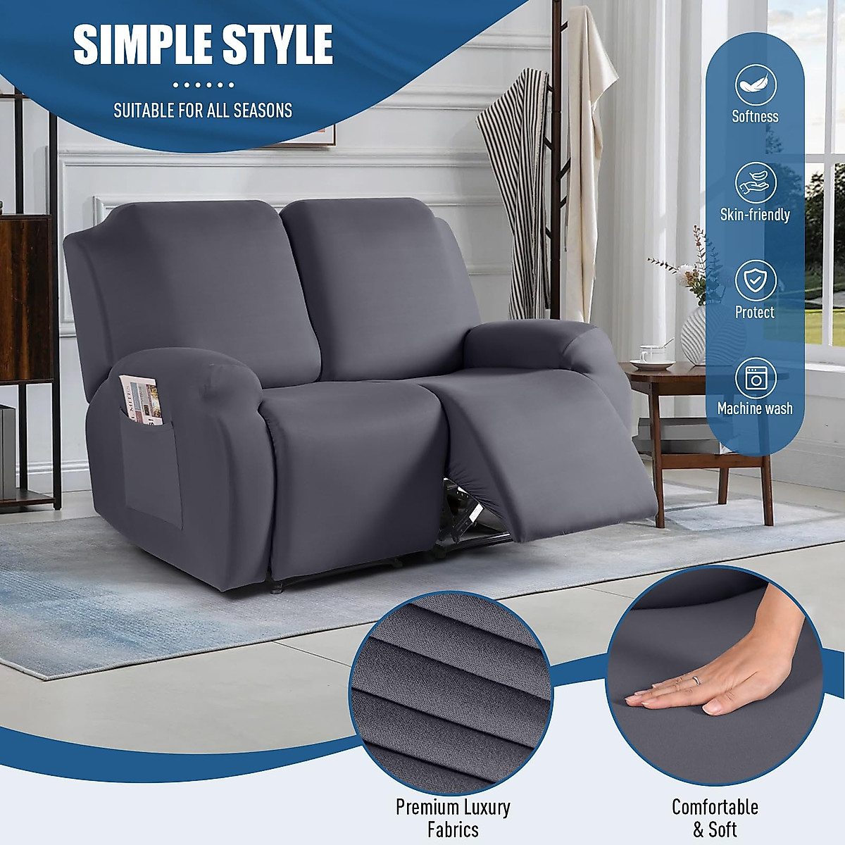 TAOCOCO Recliner Loveseat Slipcover, 2 Pieces Polyester Fabric Stretch Sofa Covers for 2 Seat Reclining Couch, Soft Washable Furniture Protector with Pockets (2 Seat, Dark Gray)