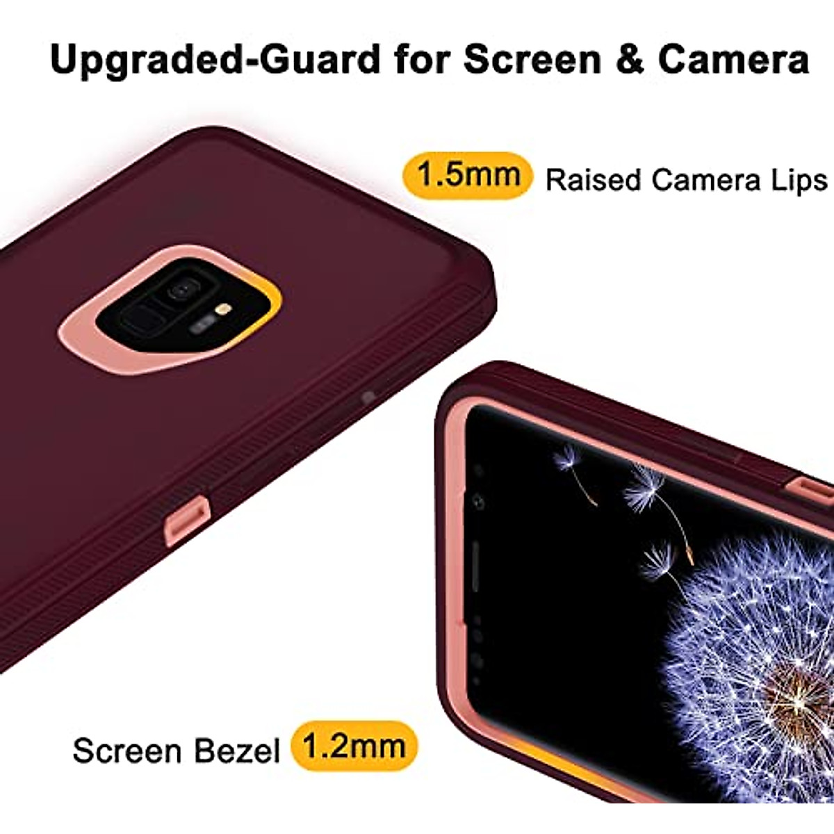 Annymall for Samsung Galaxy S9 Case with Screen Protector, Full Body Heavy Duty Shockproof Drop-Proof Phone Case Rugged Triple-Layer Defender Protective Cover for Samsung Galaxy S9 (Wine/Pink)