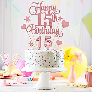 15th Birthday Cake Decorations Set Include 15th Birthday Candles Numeral 15 Cake Candles and Happy 15th Birthday Cake Toppers with Heart Star Cupcake Picks for Birthday Party (Rose Gold Series)