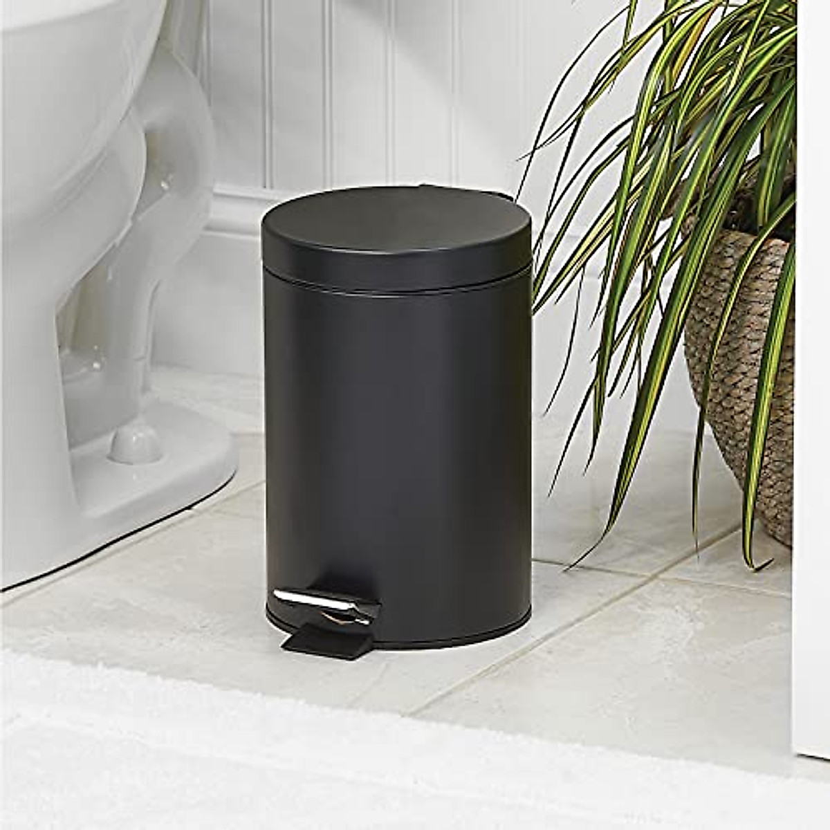 mDesign Small Modern 3-Liter / .7 Gallon Round Metal Lidded Step Trash Can, Compact Garbage Bin with Removable Liner Bucket and Handle for Bathroom, Kitchen, Craft Room, Office, Garage - Black