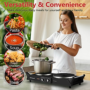 Techwood ES-3203 Hot Plate Electric Double Burner 1800W for Cooking with Adjustable Temperature & Stay Cool Handles, Black Stainless Steel, Compatible for All Cookwares