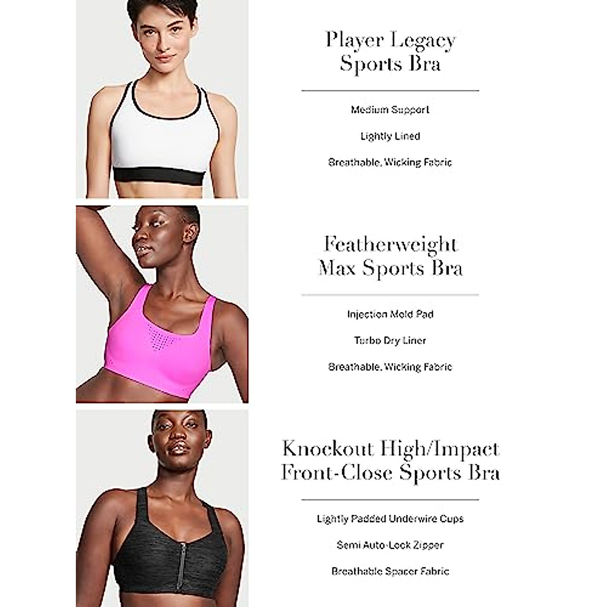 Victoria's Secret Player Medium Impact Sports Bra, Racerback Bras for Women, Black (M)