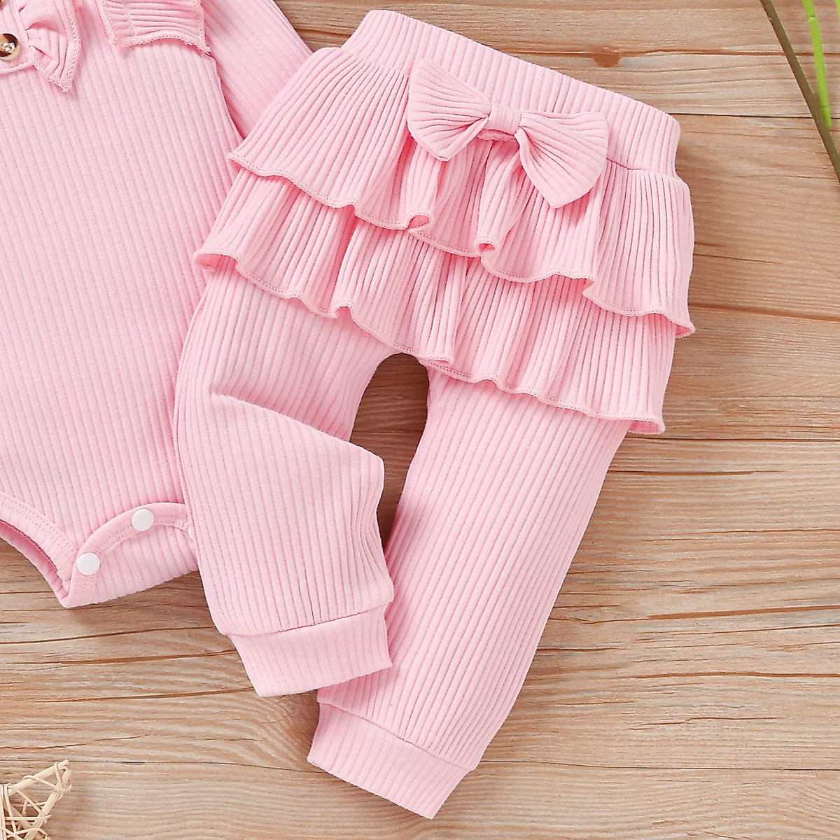 Aalizzwell Preemie Newborn Infant Baby Girls Clothes Ribbed Bodysuit Pants Set Fall Winter Outfits Pink Premature