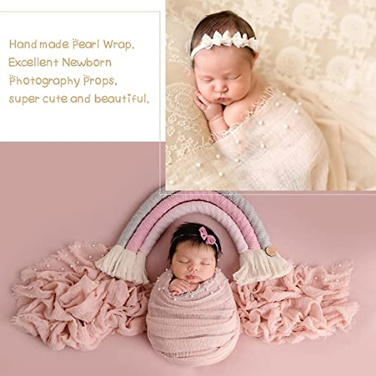4 PCS Newborn Photography Props Wrap Knit Handmade Pearl Decor Wrap Blanket Swaddle Baby Photo Props Baby Photoshoot Props Prop 2PCS Newborn Photography Wraps + 2PCS Headband(Snow Powder/Beige)