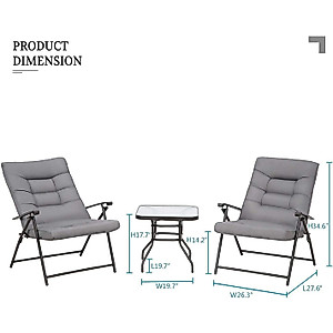 Patiomore 3 Pcs Patio Folding Bistro Set, Outdoor Metal Adjustable Recliner Furniture Set, 2 Foldable Padded Chairs and Coffee Bistro Table Set for Balcony, Backyard, Porch, Grey