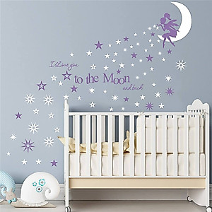 ANFRJJI Fairy Wall Decal "I Love You to The Moon and Back" Fairy Wall Sticker White moon and stars and purple elf fairy text and stars for Girl, Kids Bedroom Wall Decals, Nursery Decor JWH165 (purple