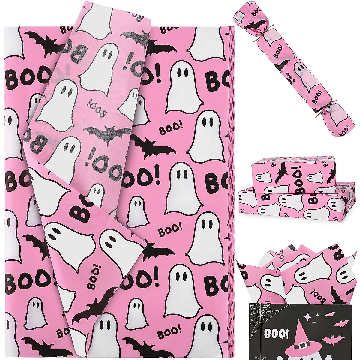 100 Sheets 20 * 14 Inches Pink Ghost and Boo Tissue Paper Halloween Bat Ghost Printed Tissue Paper for Birthday Party Baby Shower Halloween Party DIY Craft