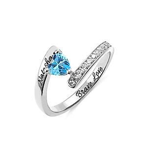 AILIN Heart Birthstone Rings With Name 925 Sterling Silver Crystal Custom Engraving Promise Rings Wedding Engagement Birthday Gifts For Her Women