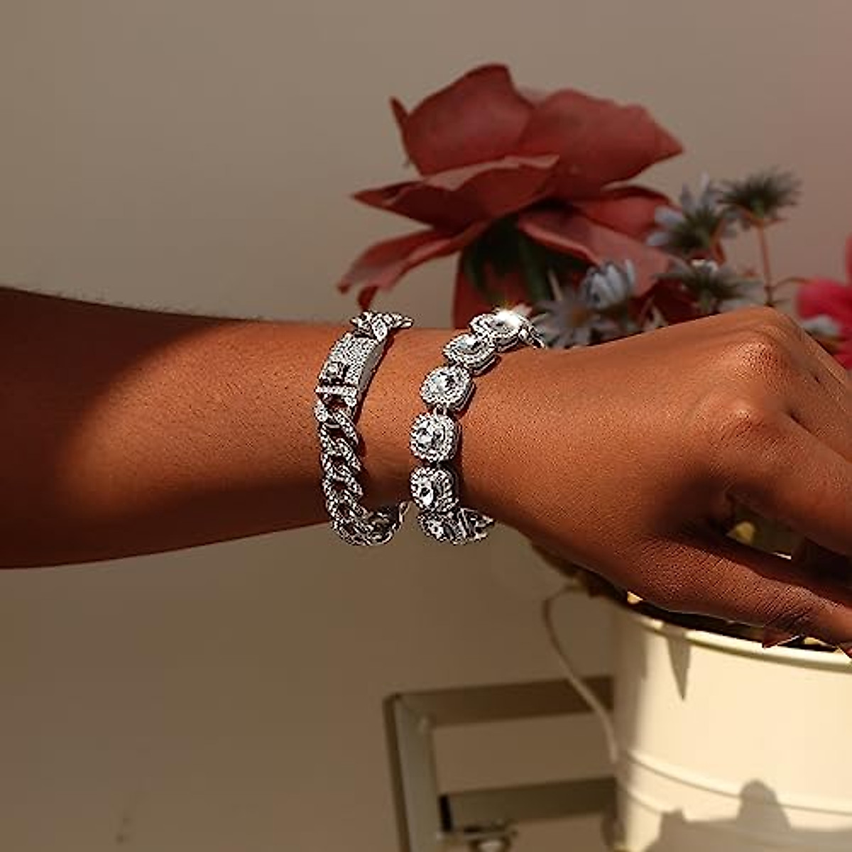 shopbyskyler 4PCS Gold Silver Bracelets for Women Diamond Cuban Bracelet Layered Link Bracelet Set Fashion Jewelry (Silver, 8inch)