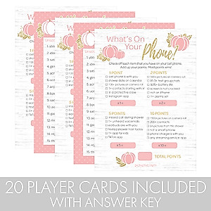 DISTINCTIVS Pink Little Pumpkin Girl Baby Shower - What's On Your Phone and Word Scramble (2 Game Bundle) - 20 Dual Sided Cards