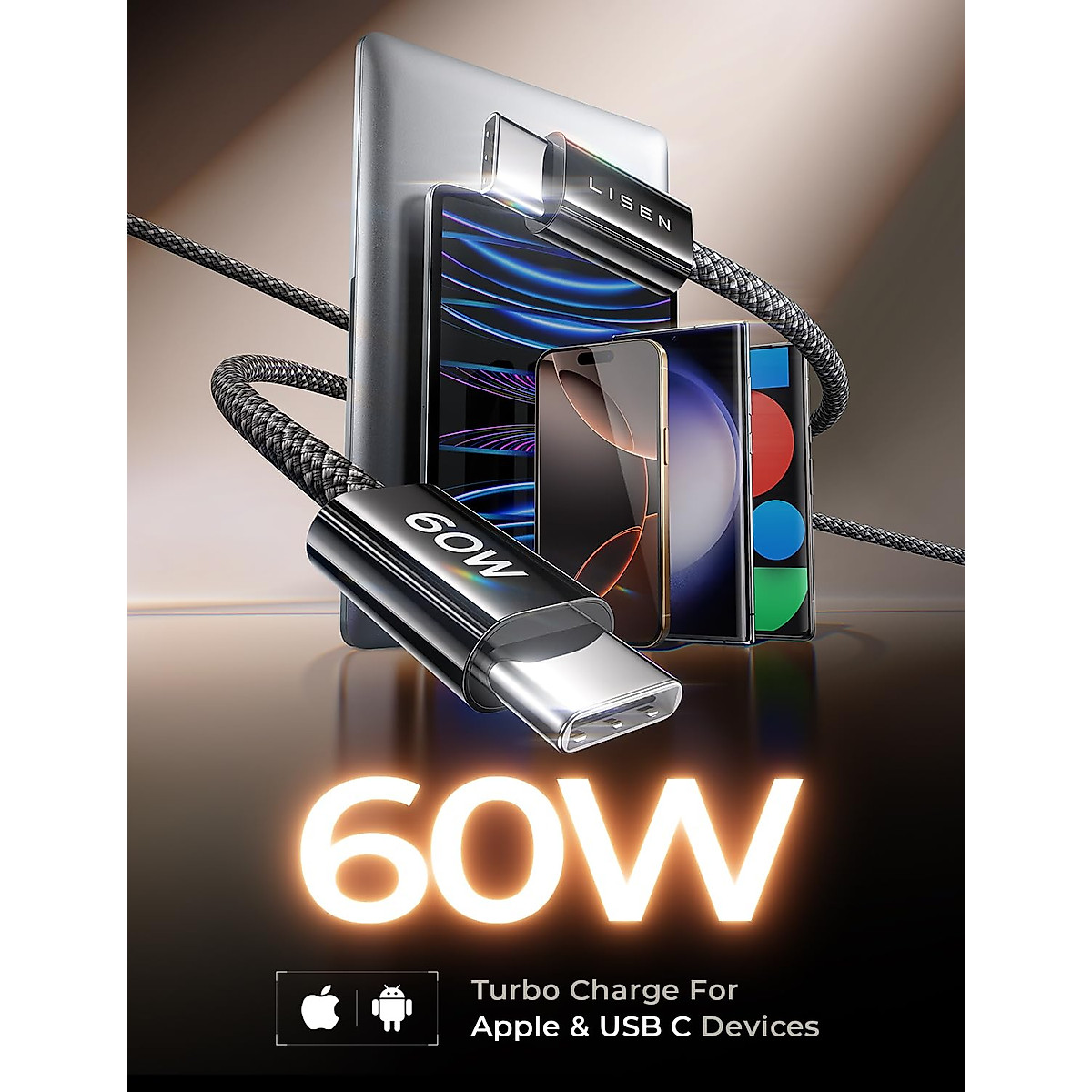 LISEN USB C Cable, 5-Pack [3.3/3.3/6.6/6.6/10FT] USBC to USBC Cable for iPhone 16 15 Pro Max Car Charger, 60W (3.1A) C to C Cable Fast Charging for Samsung S24/23, iPad, MacBook Air/Pro USBC Charger