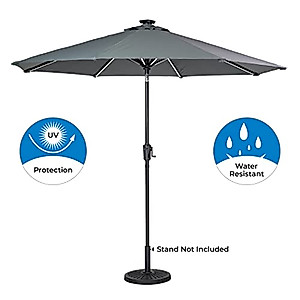 Sun-Ray 811028G 9' Round 8-Rib Next Gen Solar Lighted Patio Umbrella 32 LED Lights, Crank and Tilt, Aluminum Frame, Grey