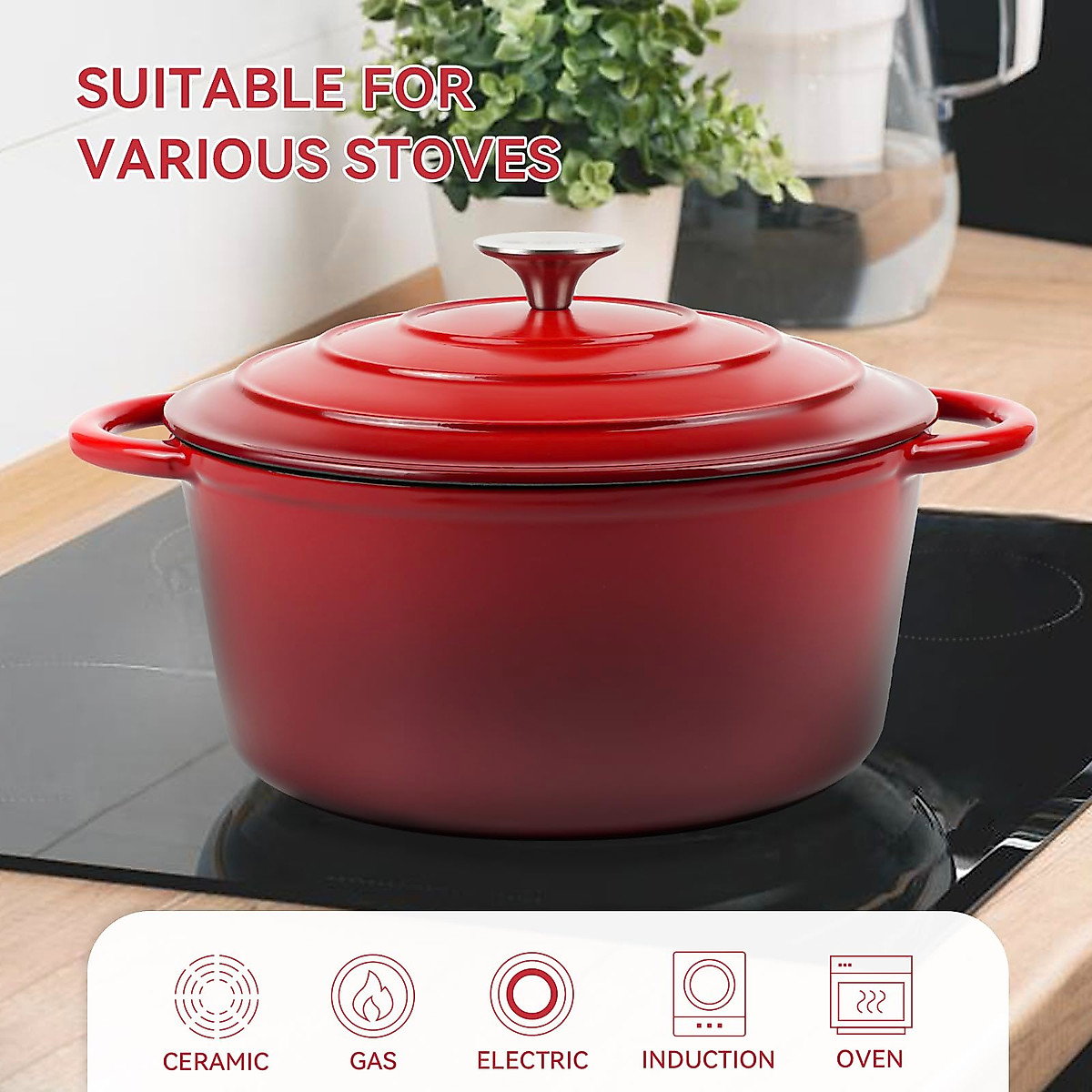 Gacuray 4.5Qt Enameled Cast Iron Dutch Oven Pot with Lidnd Dual Handles Heavy Duty Non-Stick Red