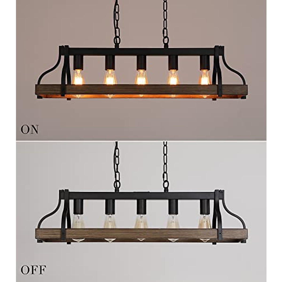 MEIXISUE Rustic Kitchen Island Dining Room Light Fixture Farmhouse Linear Chandelier Black and Retro Wood Finish 5-Light Industrial Metal Hanging Pendant Light UL Listed L33.5 W10.6