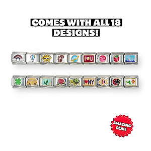 Decorated Italian Charm Bracelet, 18 charm bracelet with unique designs. 6.9 inches long, interchangeable charms