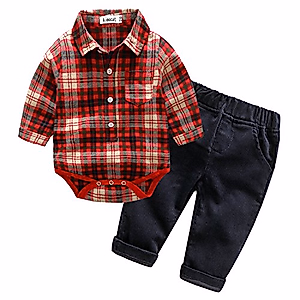 Kimocat Baby Boy Casual Suit 2pcs Cotton Long Sleeve Plaid Button-Down Shirt Pant Outfits Clothes Set (6/12M)