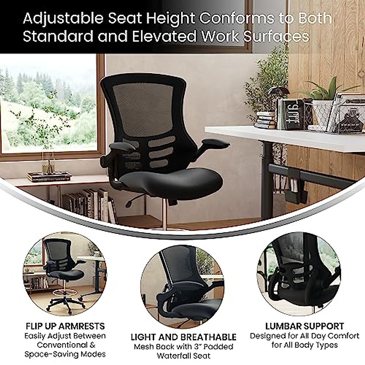 Flash Furniture Kelista Mid-Back Black Mesh Ergonomic Drafting Chair | Adjustable Foot Ring, Flip-Up Arms | Comfort and Productivity