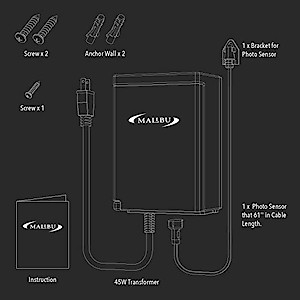 Malibu Low Voltage Transformer 45 Watt for Outdoor Landscape Lighting with Photocell Sensor Timer and Weather Shield for Spotlight Floodlight Garden Pathway Light 120V AC to 12V AC