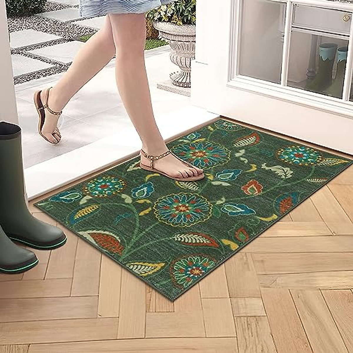 KIMODE Floral Indoor Door Mat 20''x32'', Green Washable Small Rugs for Entryway,Low-Pile Modern Abstract Doormat Indoor,Non-Slip Leaf Throw Rug Floor Carpet for Kitchen/Entrance