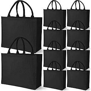 10 Packs Black Burlap Tote Bags Wedding Jute Tote Gift Bags Burlap Bags with Handles Large Blank Reusable Shopping Tote Kitchen Reusable Grocery Bags for Bridesmaid DIY Craft, 15.35 x 5.91 x 12.2 Inch