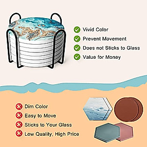 Teivio Round Drink Coasters Set of 8, Blue Marble Absorbent Stone Coaster Set, Cork Base, with Holder, Decorative Cup Coasters for Housewarming