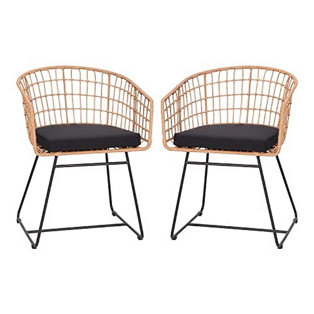 Flash Furniture Devon Set of 2 Indoor/Outdoor Patio Boho Club Chairs, Rope with PE Wicker Rattan, Cushions and Sled Base, Natural/Black