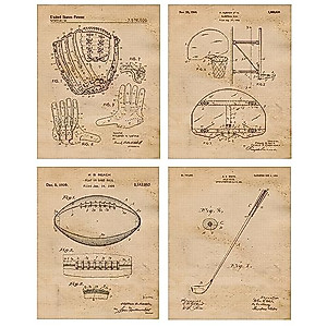 Vintage Team Sports Football Baseball Basketball Golf Patent Prints, 4 (8x10) Unframed Photos, Wall Art Decor Gifts Under 20 for Home Office Man Cave Garage Student Teacher Coach Trainer Gym Fitness